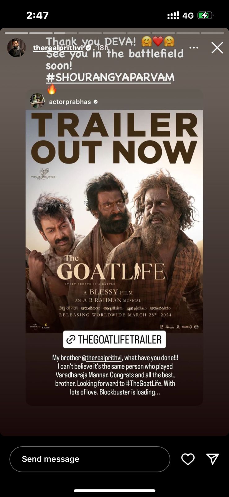 What have you done Prabhas praises Prithviraj Sukumaran for 'The Goat Life' trailer ...